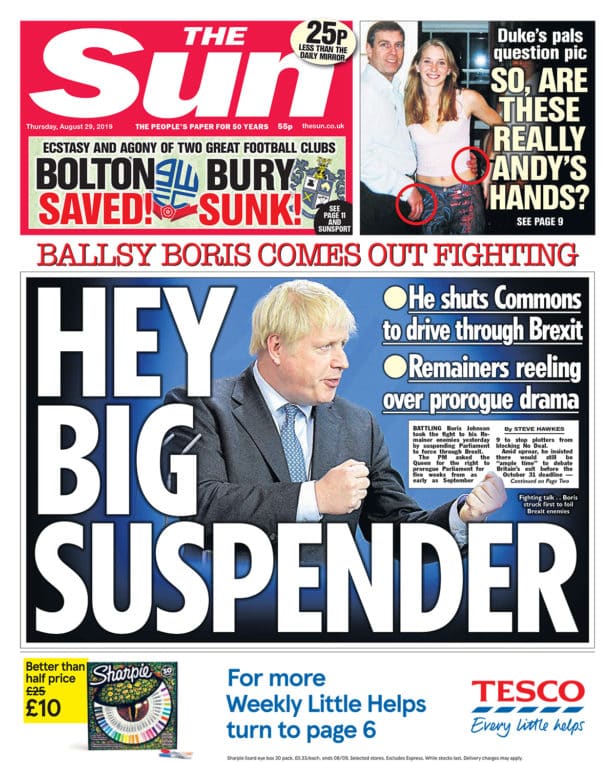 Boris suspends parliament: the front pages » Newsworks